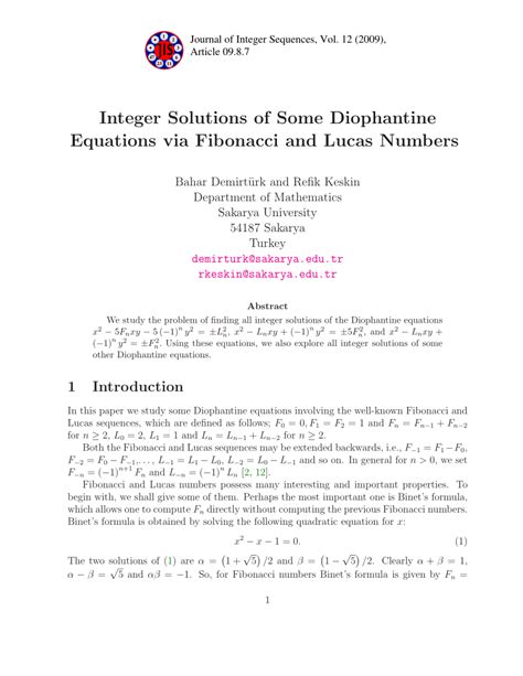 pdf integer solutions of some diophantine equations via fibonacci and lucas numbers