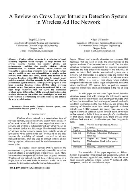 pdf a review on cross layer intrusion detection system in wireless ad hoc network