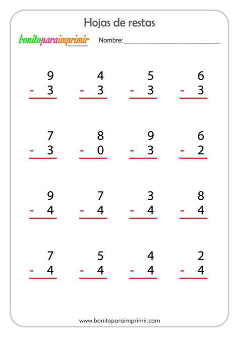 Restas De Una Cifra BONITO PARA IMPRIMIR