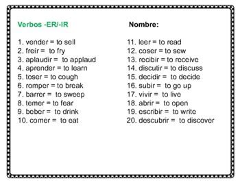 Spanish Regular ER IR Verbs Flashcards 20 Verbos Regulares TpT