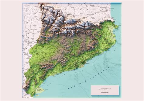 Catalunya Mapa topogràfic en color Versió sense llegenda amb el mar