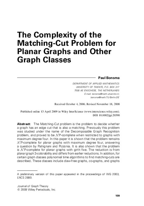 pdf the complexity of the matching cut problem for planar graphs and other graph classes
