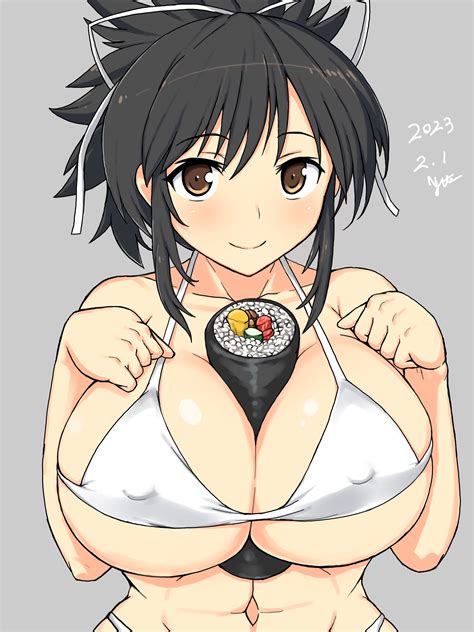 Rule 34 Artist Signature Asuka Senran Kagura Bikini Black Hair Blank Background Blush Brown