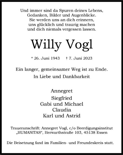 Traueranzeigen Von Willy Vogl Trauer In NRW De
