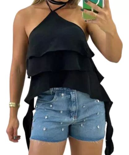 Cropped Babado Blusa Bata Camadas Amarrar Frente Única Moda
