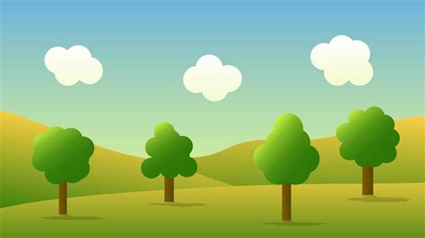 Landscape Cartoon Scene With Green Trees On Hills And White Fluffy