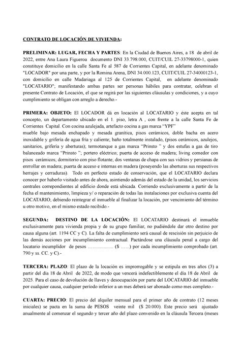 Contrato DE Locacion LEY 27 551 Vivienda Modelo Básico CONTRATO