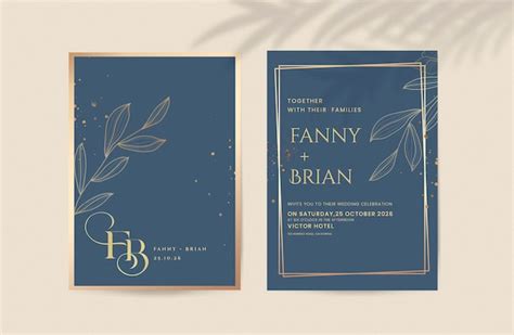 Una invitación de boda azul y dorada simple y elegante invitación de