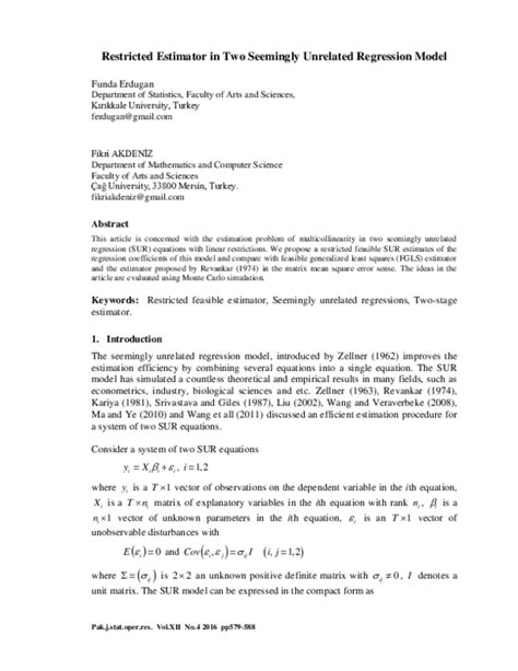 pdf restricted estimator in two seemingly unrelated regression model fikri akdeniz