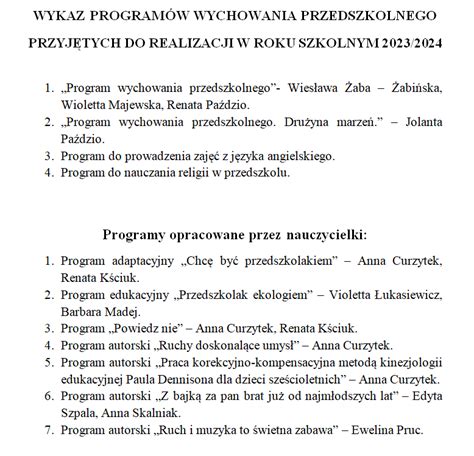 Wykaz programów wychowania przedszkolnego Publiczne Przedszkole nr 38