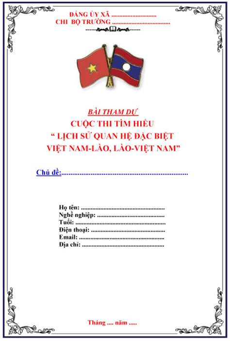 Mẫu bìa bài dự thi tìm hiểu lịch sử quan hệ đặc biệt Việt Nam Lào