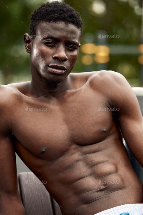 Strong Muscular Black Man With Naked Torso Bodybuilder Concept