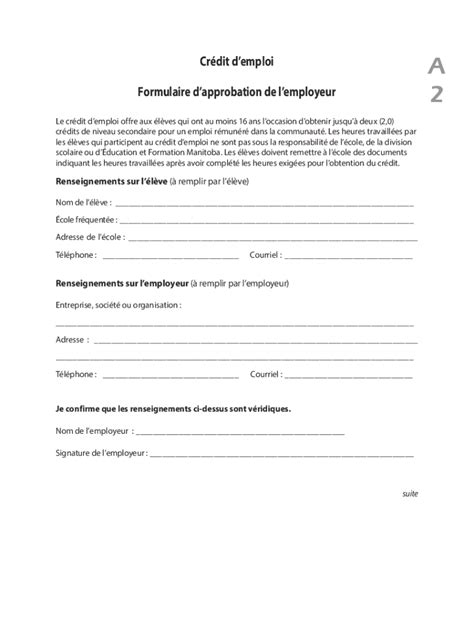 Fillable Online Crdit Demploi Formulaire Dapprobation De Lemployeur