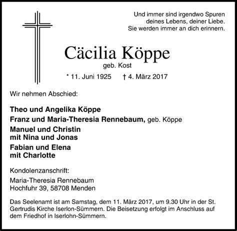 Traueranzeigen Von C Cilia K Ppe Trauer In Nrw De