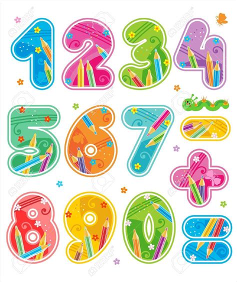 Números decorados coloridos con signos aritméticos 0 1 2 3 4 5 6 7 8