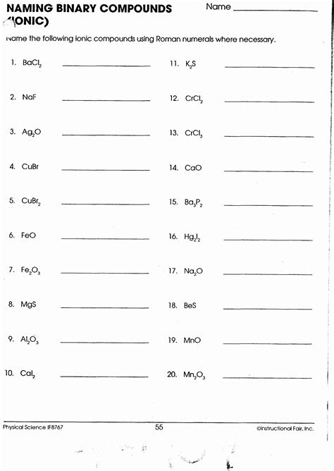 Naming Compounds Writing Formulas Worksheet