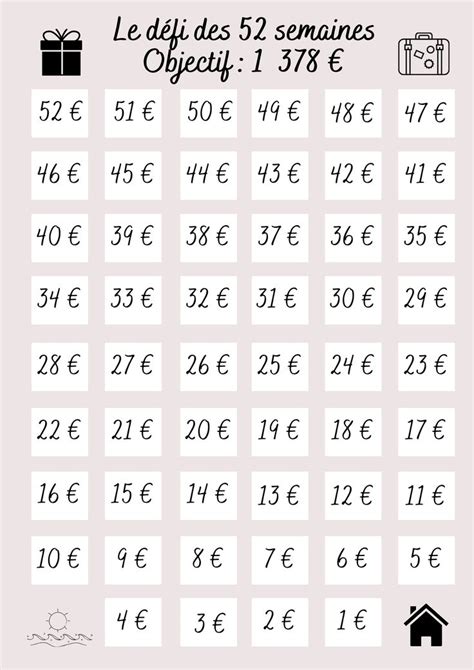 Défi des 52 semaines Défi économiser Planificateur de budget