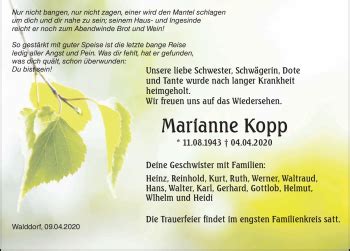 Traueranzeigen von Marianne Kopp Schwarzwälder Bote Trauer