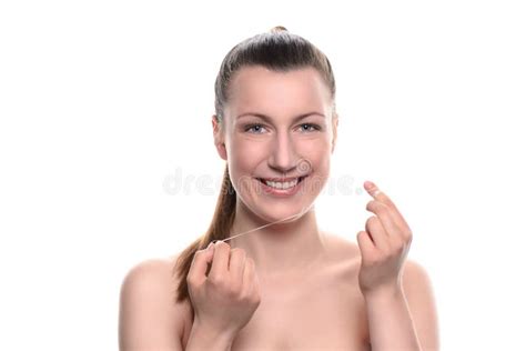 Smiling Naked Woman Holding Dental Floss Stock Image Image Of Cute
