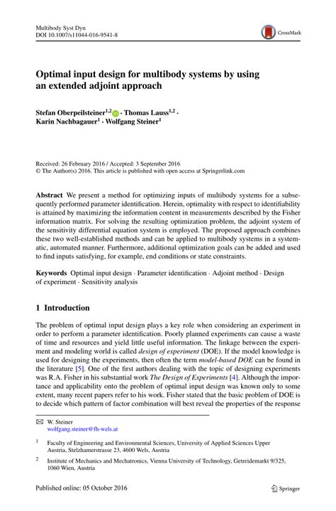 pdf optimal input design for multibody systems by using an extended adjoint approach