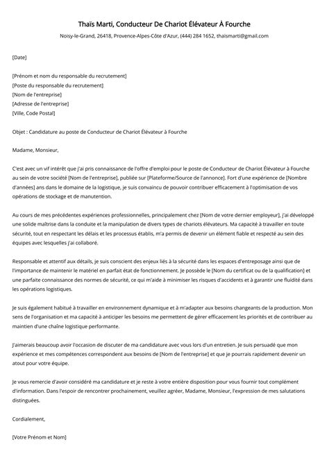 Lettre de motivation Conducteur De Chariot Élévateur À Fourche Modèle