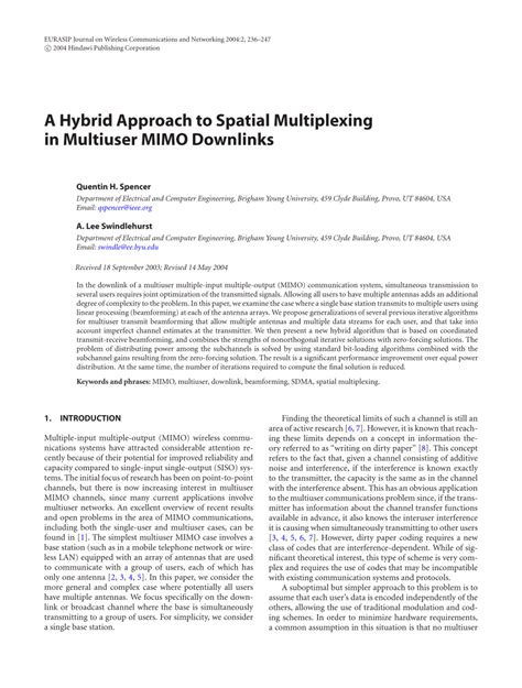 pdf a hybrid approach to spatial multiplexing in multiuser mimo downlinks