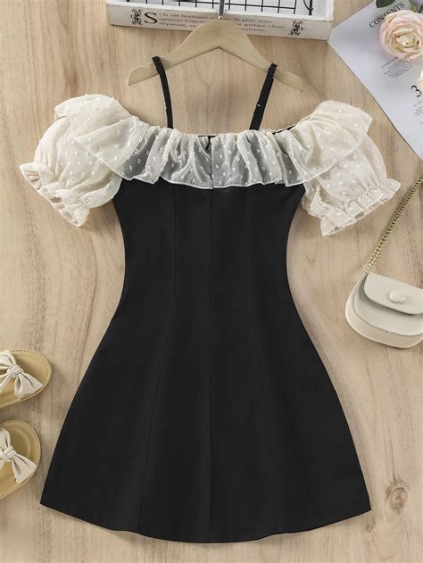 SHEIN Gorotas Vestidos Ombro Frio Ponto suíço Acabamento de babados