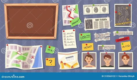 Cartoon Detective Board Elements Investigation Clues And Evidence Maps