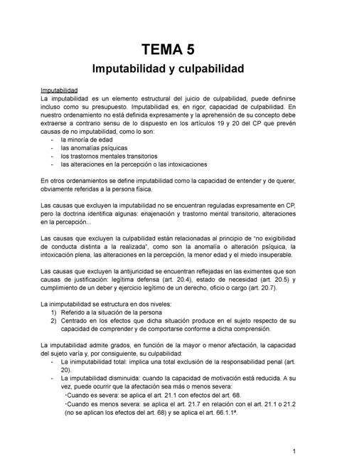 TEMA 5 Derecho Penal TEMA 5 Imputabilidad Y Culpabilidad