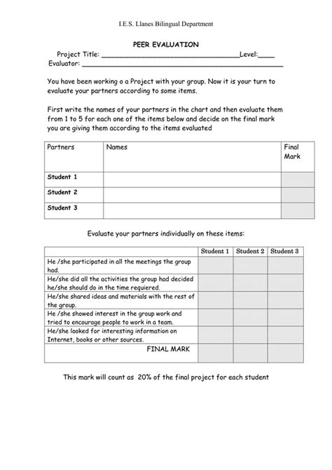 PEER EVALUATION Form In Word And Pdf Formats