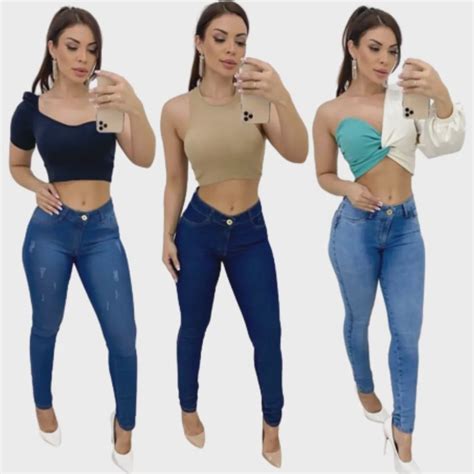 Kit 3 Calças Jeans Feminina Skinny Cintura Alta e Lycra no Shoptime