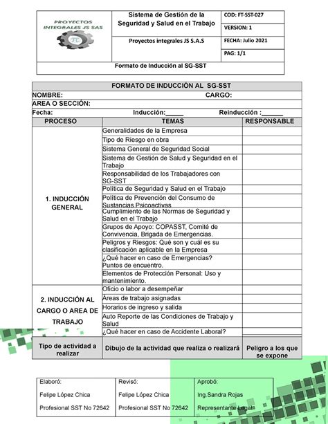5 FT SST 027 Formato de Inducción del S G S S T Sistema de Gestión de