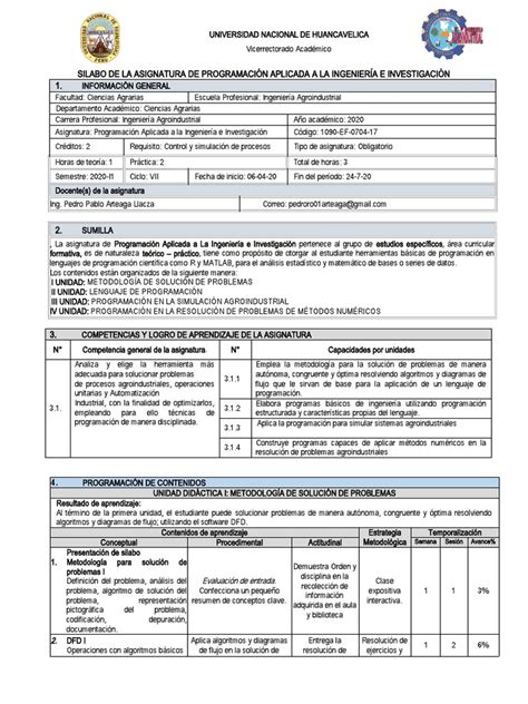 silabo de la asignatura de programación aplicada a la ingeniería e investigación pdf
