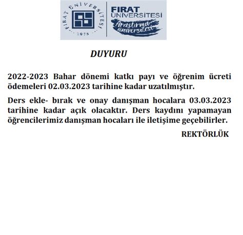 2022 2023 BAHAR DÖNEMİ DERS KAYDI KATKI PAYI ÖĞRENİM ÜCRETİ HK Fırat