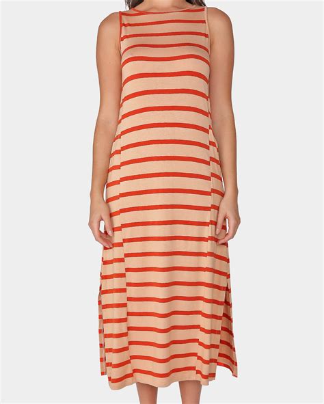 Riachuelo Vestido Midi Feminino Reto Listrado Bege AK By Riachuelo