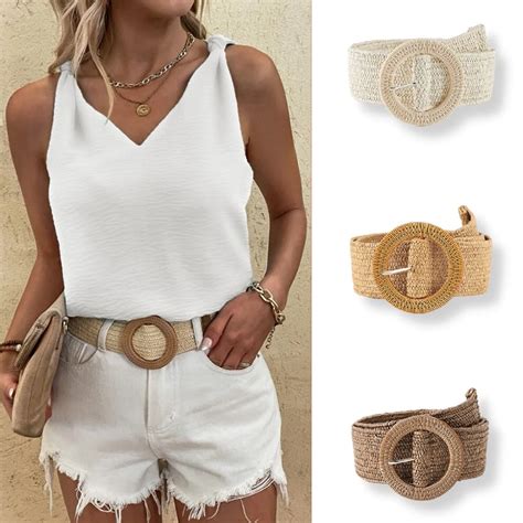 Boho Straw Woven Belt For Women Wide Big Buckle Elastic Braided Belt