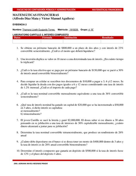 Evidencia 2 Matemáticas MATEMÁTICAS FINANCIERAS Alfredo Díaz Mata y