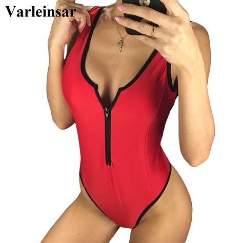 New Sexy Red Zipper High Cut Leg Thong One Piece Swimsuit Women