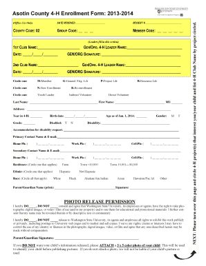 Fillable Online Asotin County 4 H Enrollment Form 2013 2014