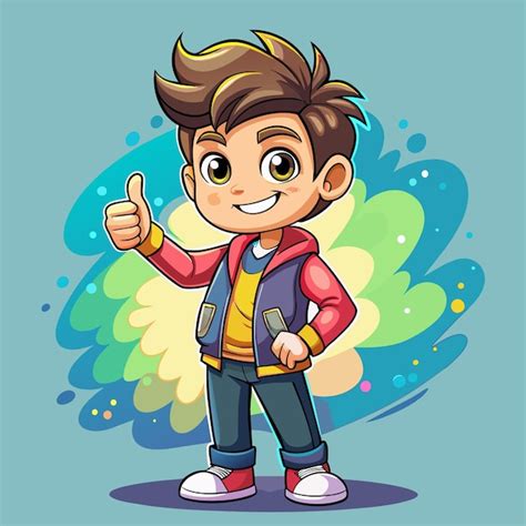 Un niño de dibujos animados con un signo de pulgares arriba que dice