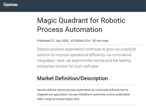 Gartner Magic Quadrant RPA Robotic Process Automation 2020 PROJECT