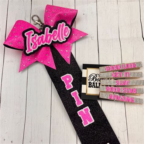 Pin Me Bag Tag Neon Pink With Rhinestones Pin Me Bow Cheer Pins Cheer