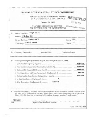 Fillable Online Ethics Ks RECEIVE OP A CANDIDATE FOR STATE OFFICE