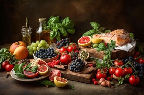 Una Mesa Llena De Comida Que Incluye Frutas Verduras Y Aceitunas