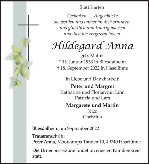 Traueranzeigen Von Hildegard Anna Saarbruecker Zeitung Trauer De