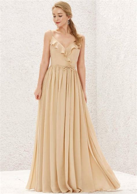 A Line V Neck Long Floor Length Chiffon Bridesmaid Dress With Ruffles