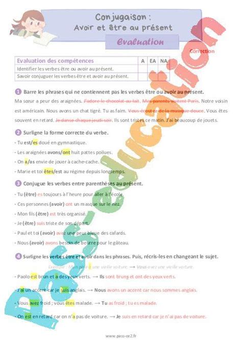 Avoir Et Tre Au Pr Sent Valuation De Conjugaison Pour Le Ce Pdf