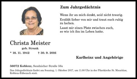 Traueranzeigen Von Christa Meister Rz Trauer De