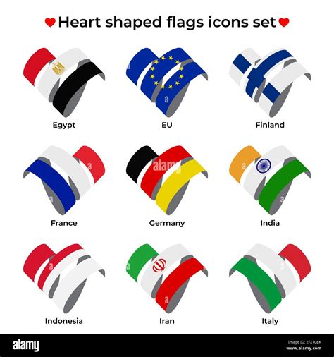 Conjunto de iconos de banderas en forma de corazón Indicador de icono