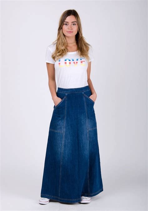 Long Denim Skirt With Utility Pockets Stonewash Jeanskirt Maxiskirt Modeststreetfashion